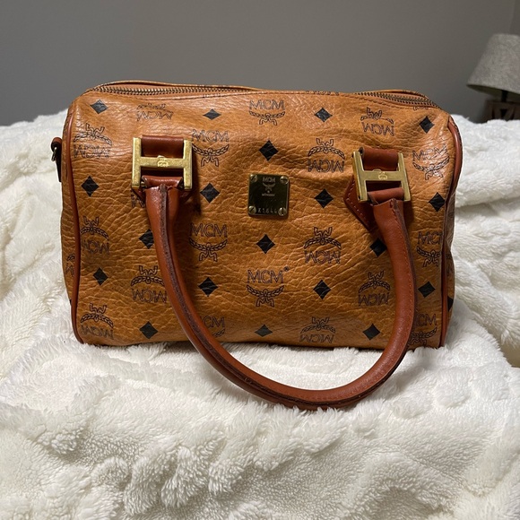 MCM | Bags | Mcm Visetos Cognac Leather Boston Bag Euc | Poshmark
